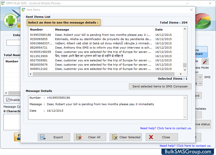 Send bulk text messages using Bulk SMS Software for Android Mobile Phone
